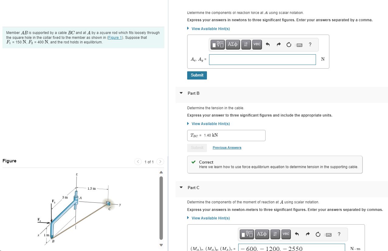 [Solved]: Determine the components of reaction torce at A u
