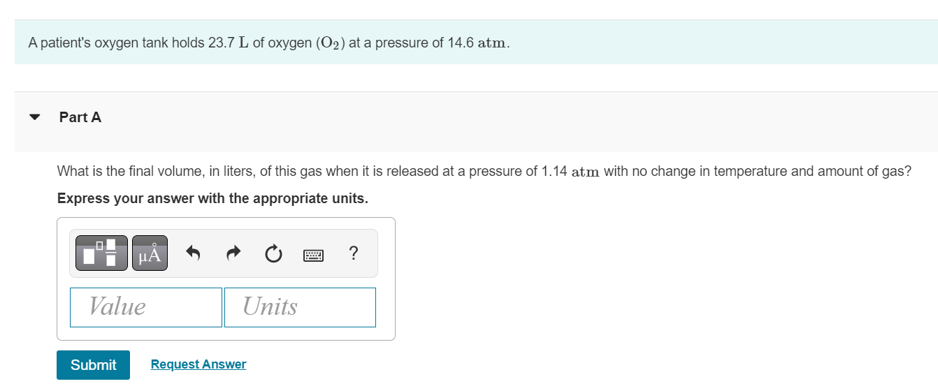 Solved A patient's oxygen tank holds 23.7 L of oxygen (O2) | Chegg.com