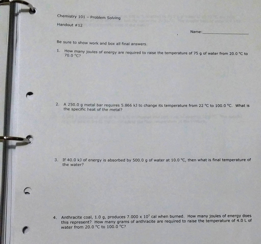 Solved Chemistry 101 Problem Solving Handout #12 Name Be | Chegg.com