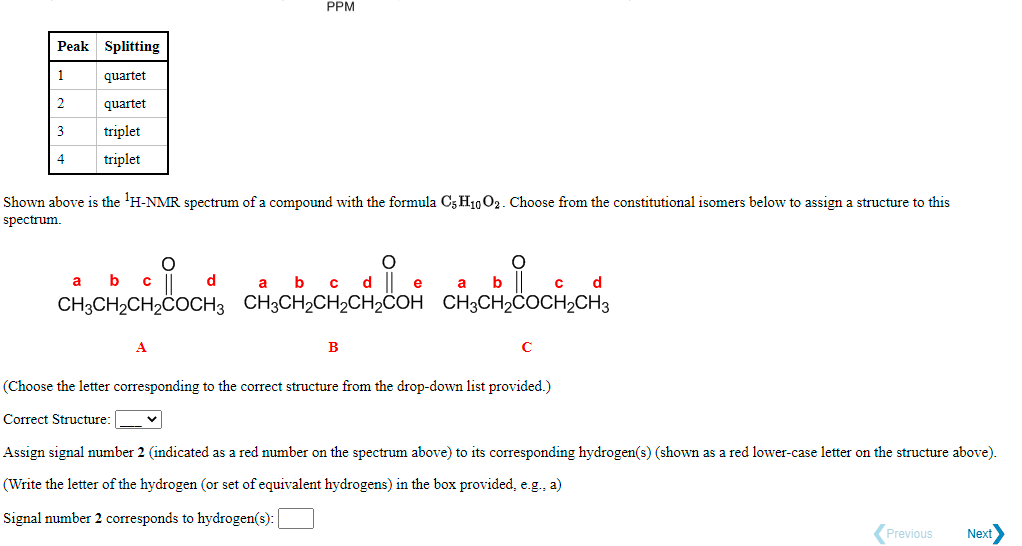 Solved PPM Peak Splitting 1 quartet 2 3 quartet triplet | Chegg.com
