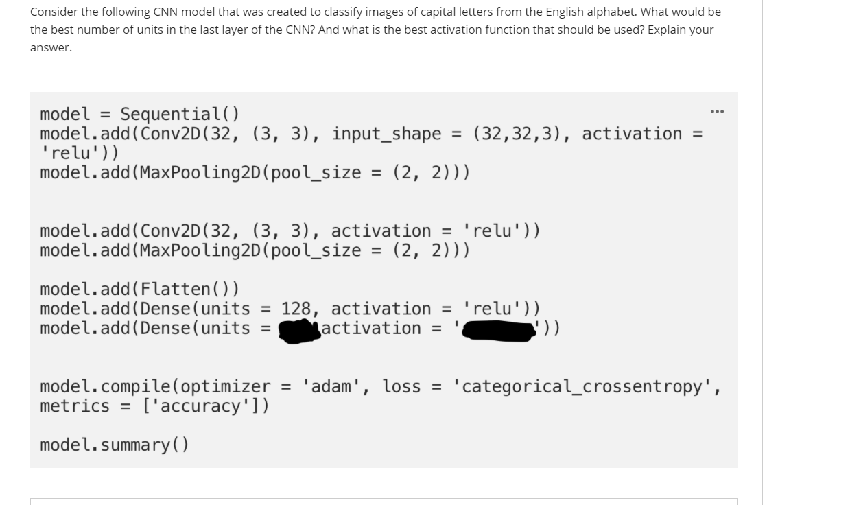 Solved Consider the following CNN model that was created to | Chegg.com