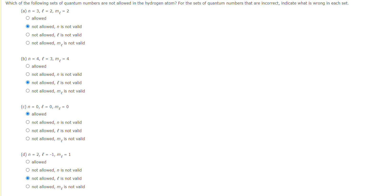 Solved (a) n=3,l=2,ml=2allowednot allowed, n ﻿is not | Chegg.com