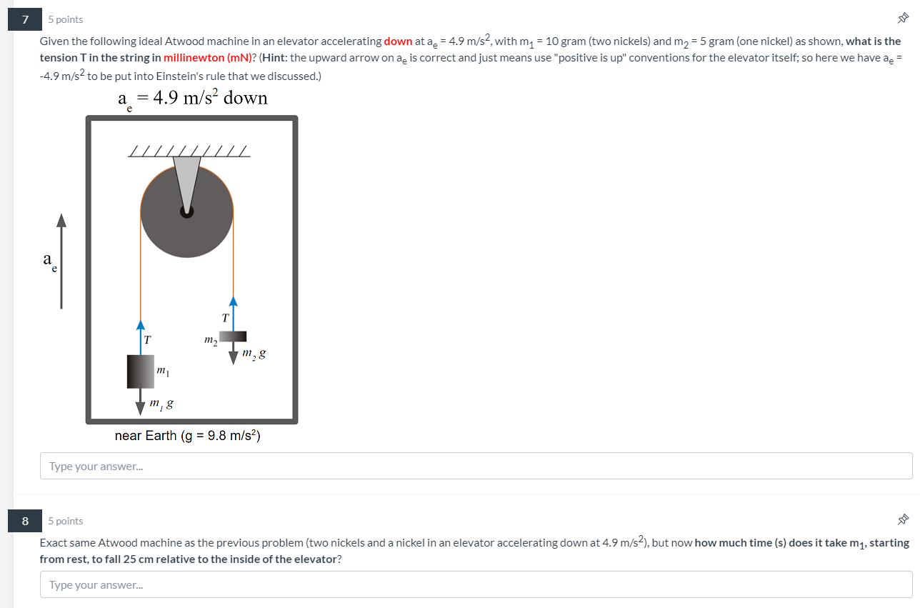Solved 7 5 points Given the following ideal Atwood machine | Chegg.com
