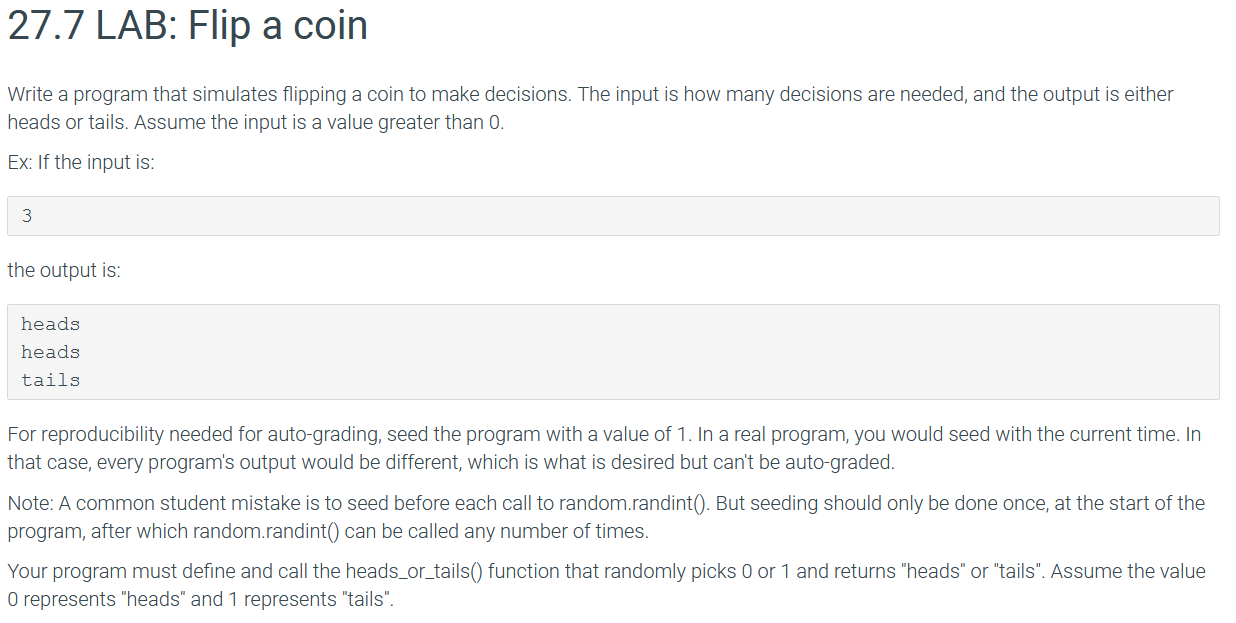 Solved 27.7 LAB: Flip a coin Write a program that simulates | Chegg.com