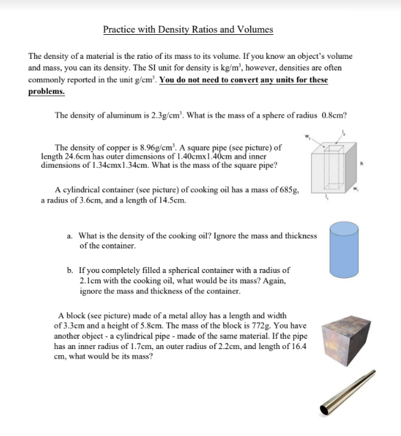 Solved Practice with Density Ratios and Volumes The density | Chegg.com