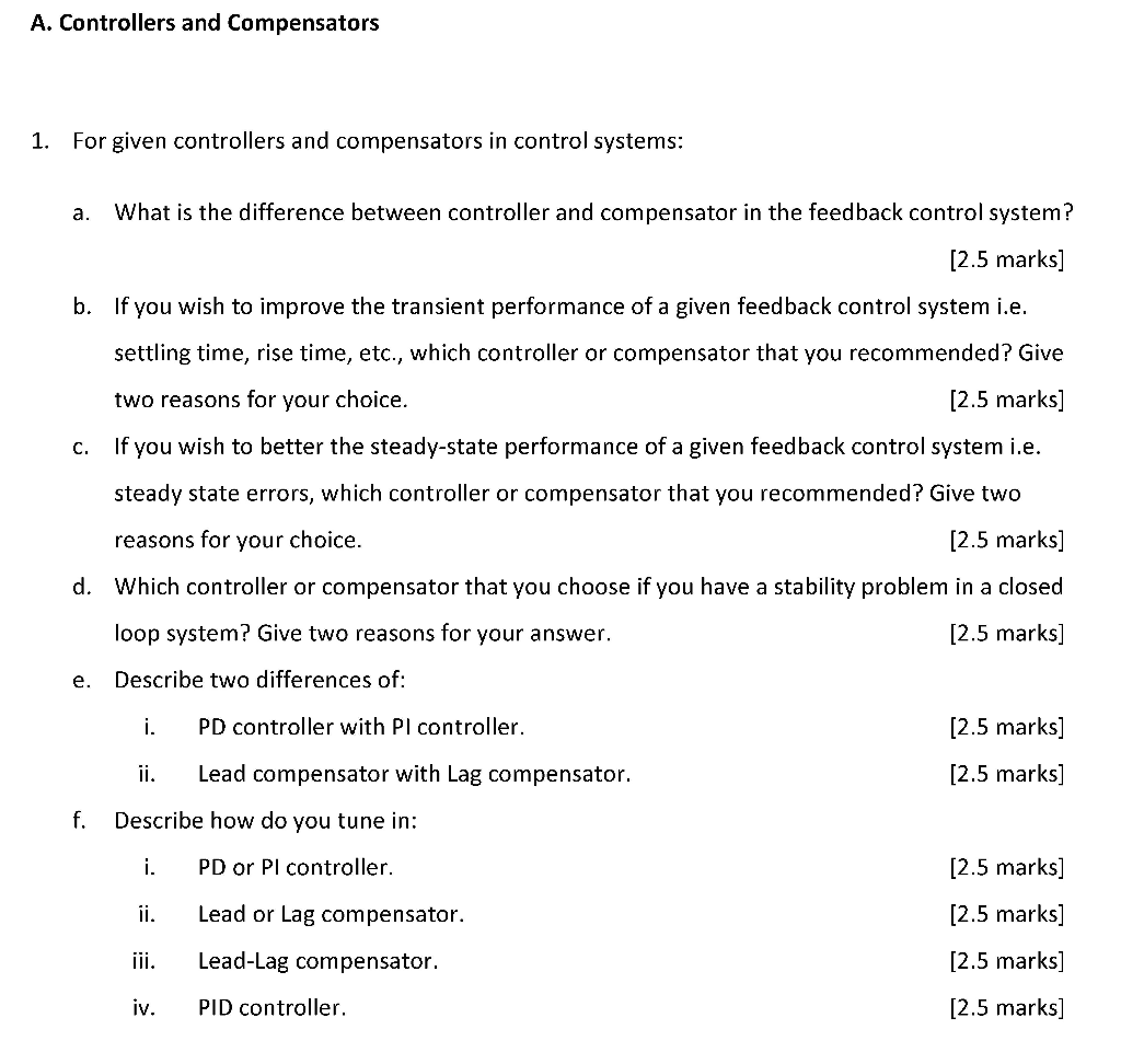 Solved A. Controllers and Compensators 1. For given | Chegg.com