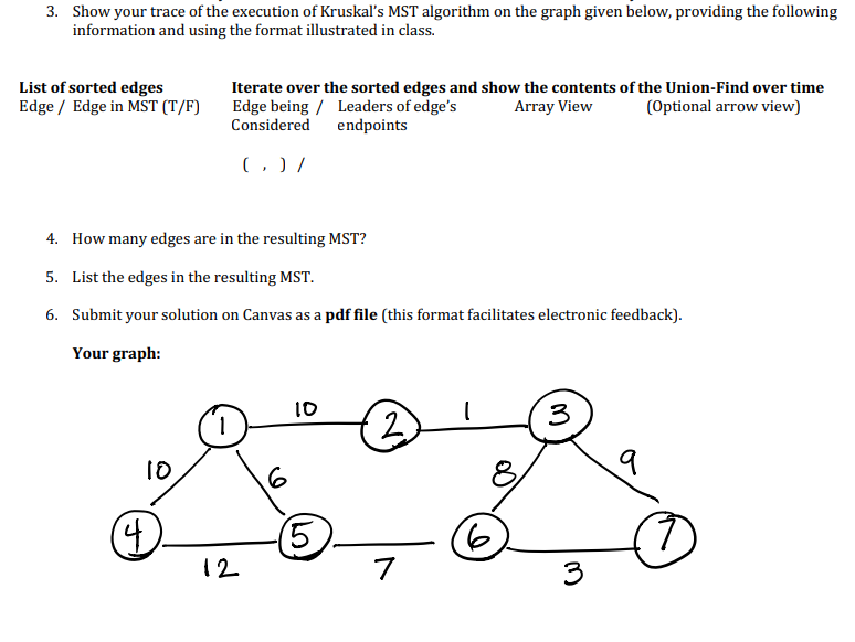 Solved 3. Show your trace of the execution of Kruskal's MST | Chegg.com