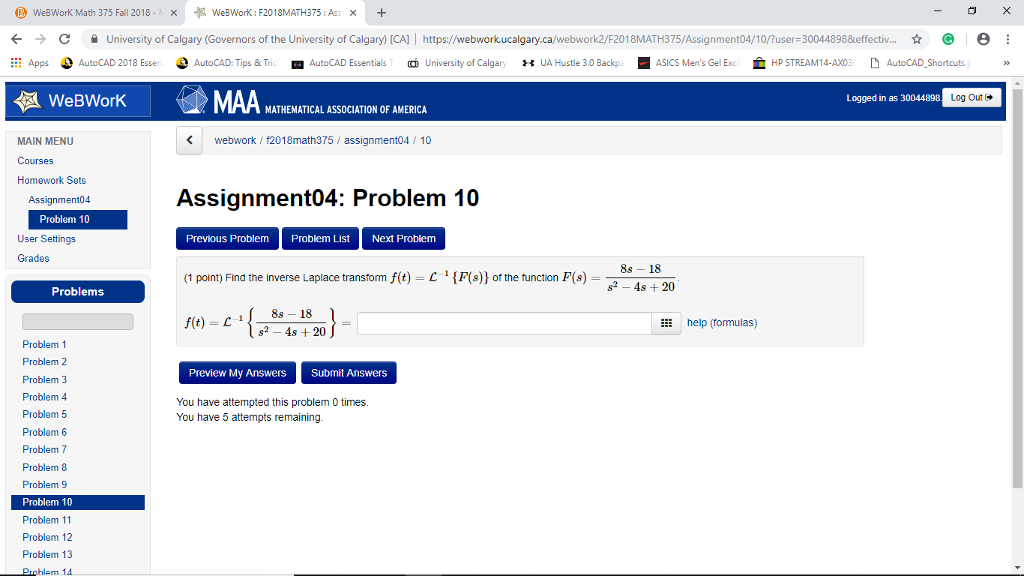 Solved D WeBWorK Math 375 Fall 2018- × 彀WeBWorK : F201 | Chegg.com