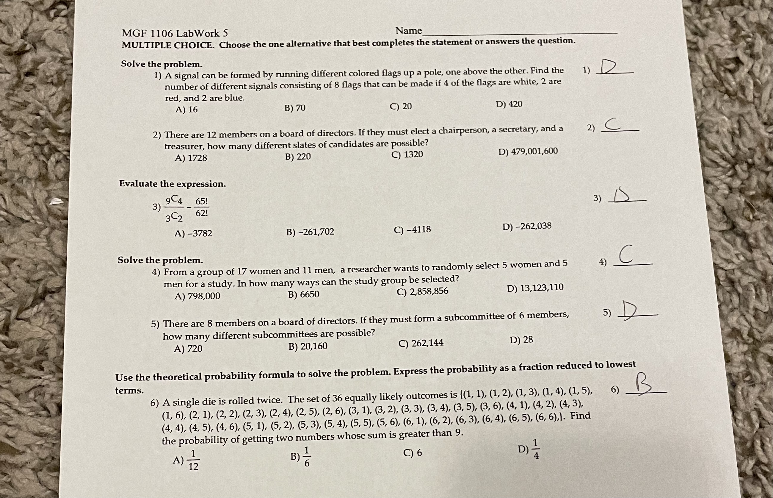 Solved MGF 1106 LabWork 5 Name MULTIPLE CHOICE. Choose the | Chegg.com