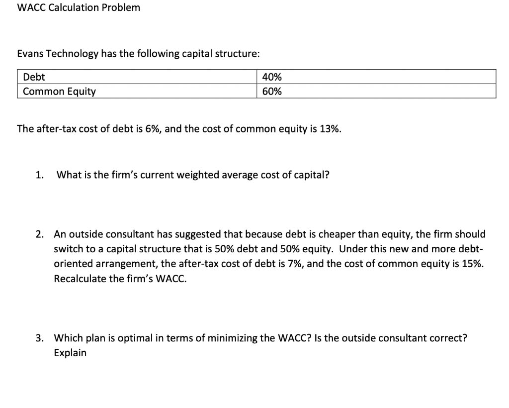 Solved WACC Calculation Problem Evans Technology has the | Chegg.com