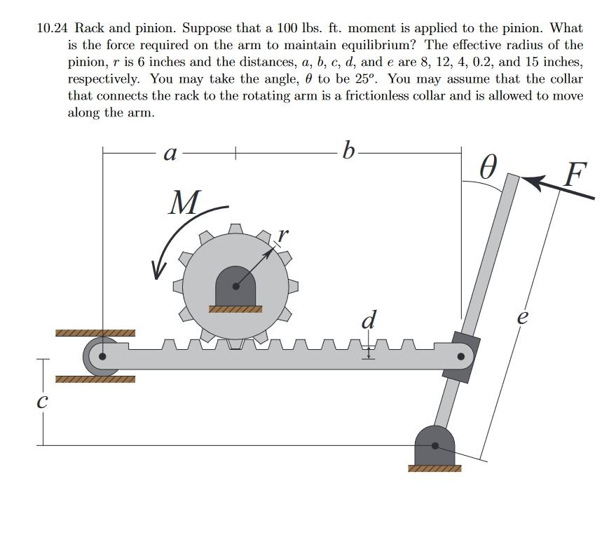 Solved 10.24 Rack and pinion. Suppose that a 100lbs. ft. | Chegg.com