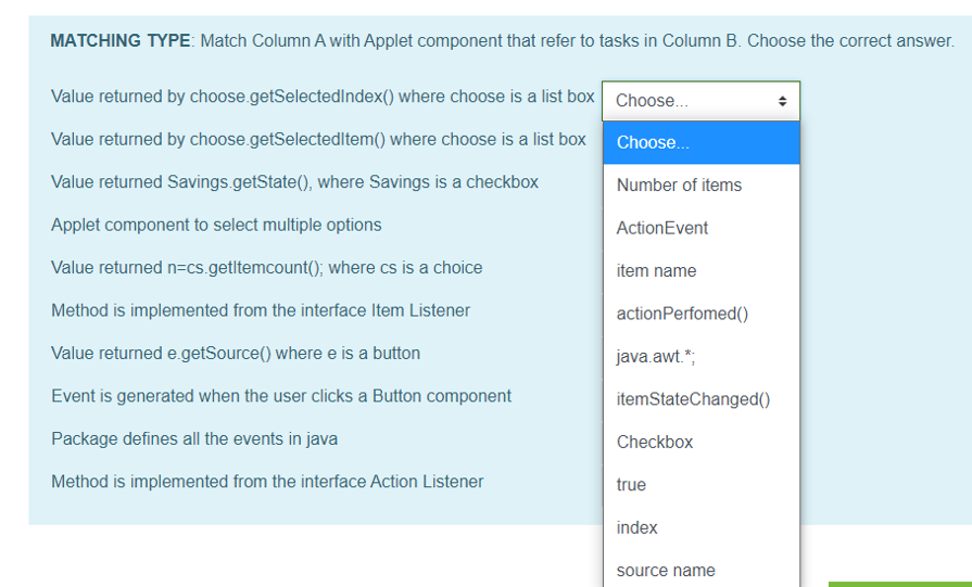 Solved MATCHING TYPE: Match Column A with Applet component | Chegg.com