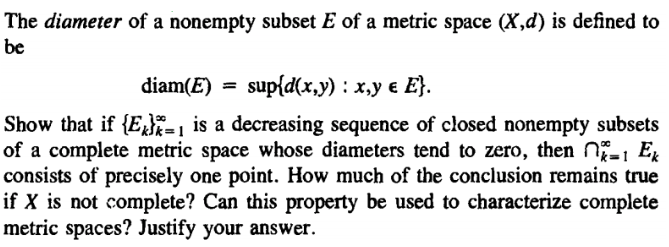 Solved The diameter of a nonempty subset E of a metric space | Chegg.com