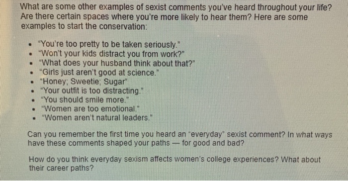 Solved What are some other examples of sexist comments | Chegg.com