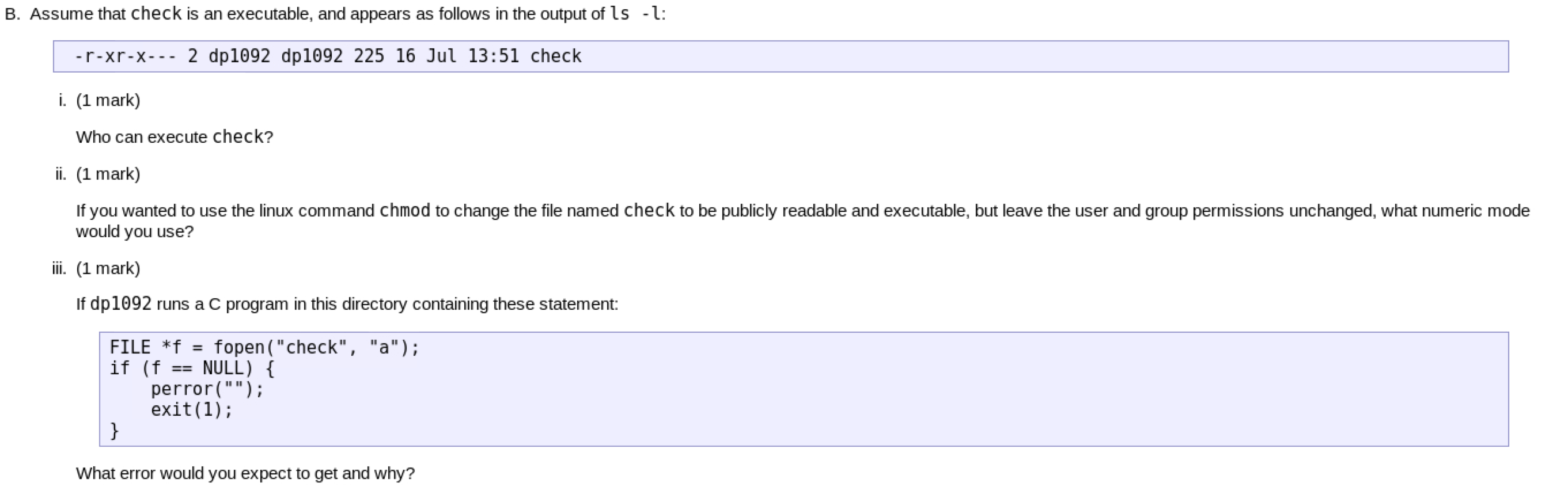 Solved B. Assume that check is an executable, and appears as | Chegg.com
