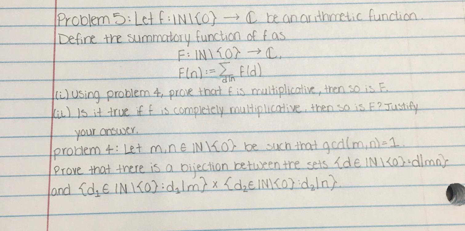 Solved Problem 5: Let fiiNi(0} → [ bean arithmetic function. | Chegg.com