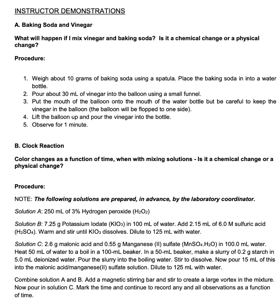 INSTRUCTOR DEMONSTRATIONS A. Baking Soda and Vinegar | Chegg.com