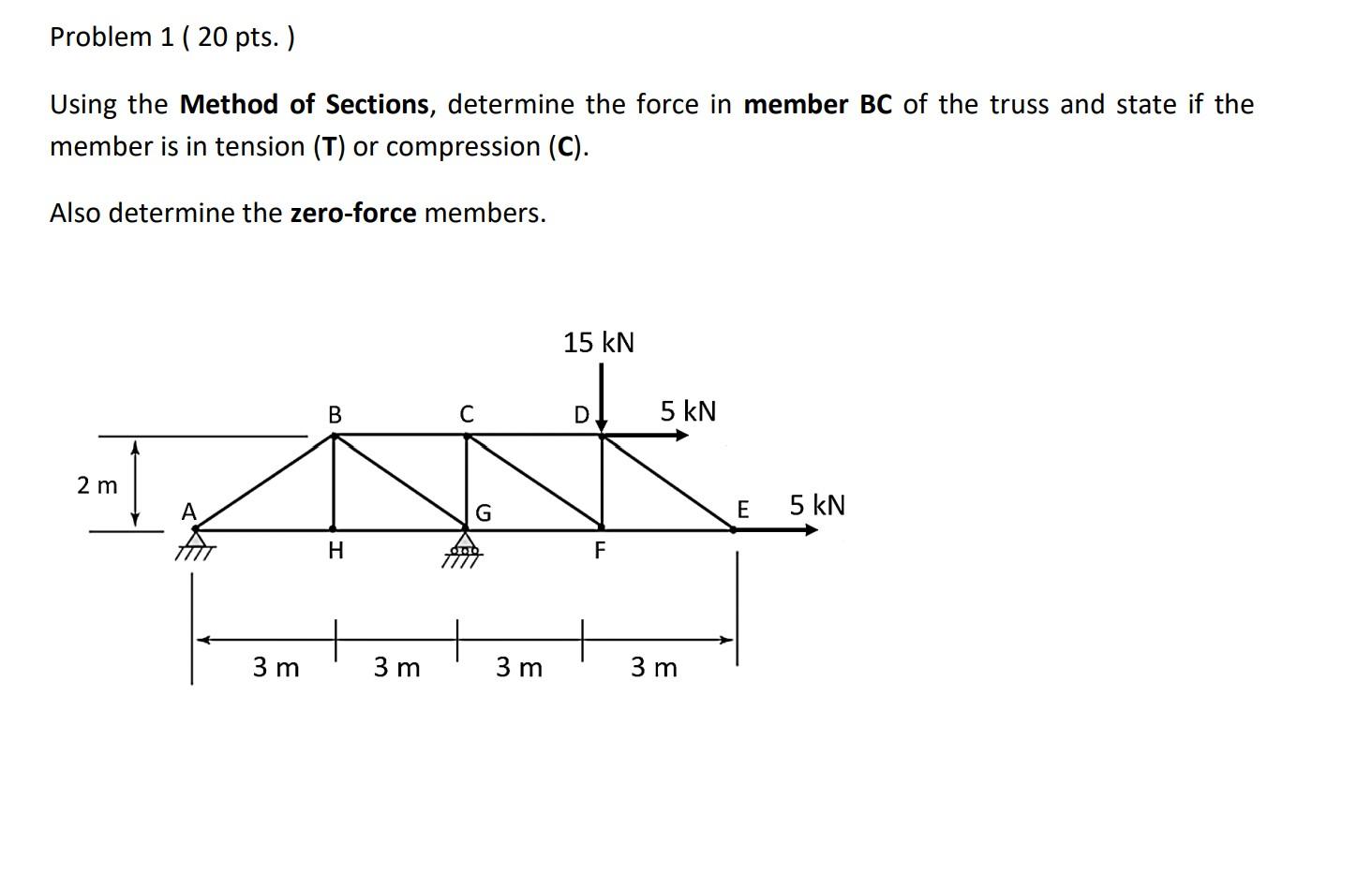 Solved Problem 1 ( 20 pts.) Using the Method of Sections, | Chegg.com