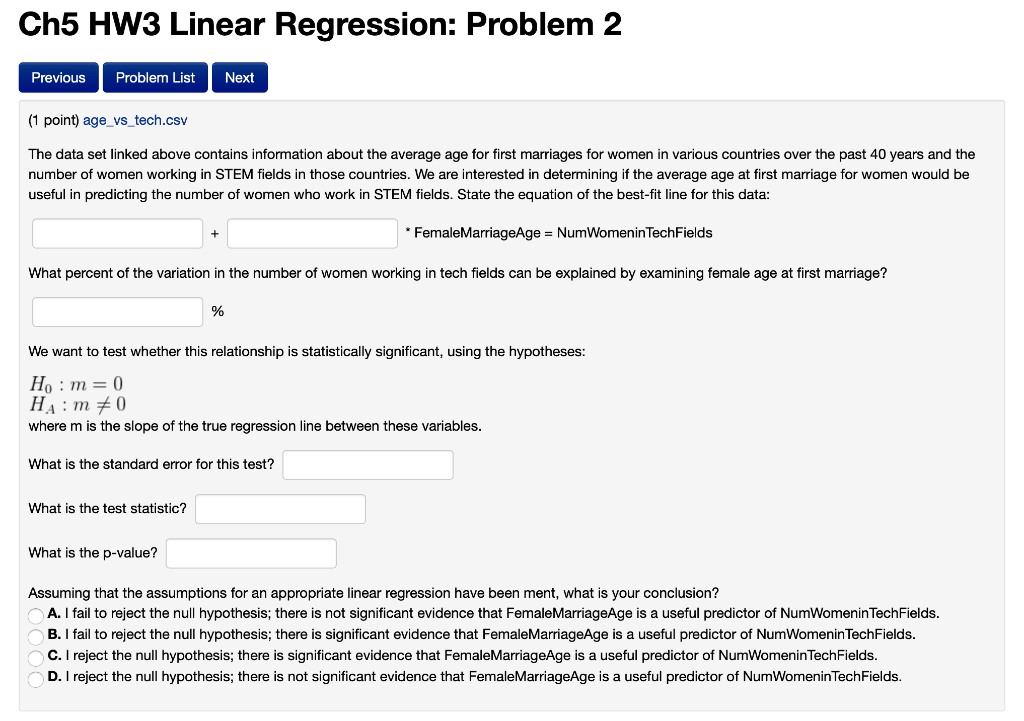 Solved Ch5 HW3 Linear Regression: Problem 2 Previous Problem | Chegg.com