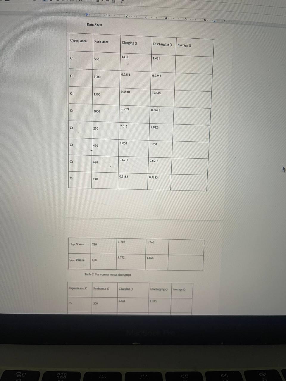 Data Sheet Table 2. For current versus time | Chegg.com