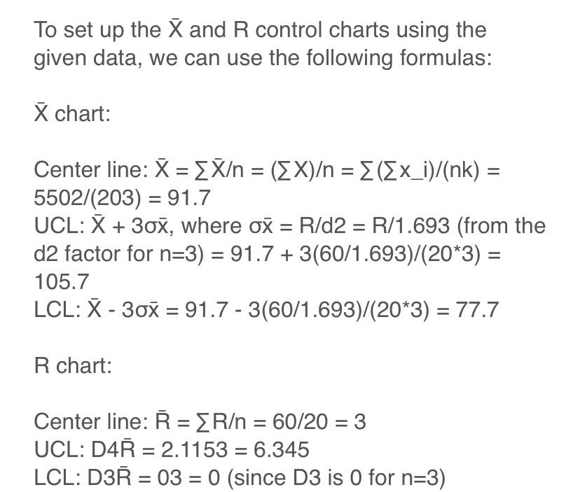 Solved To set up the Xˉ and R control charts using the given | Chegg.com