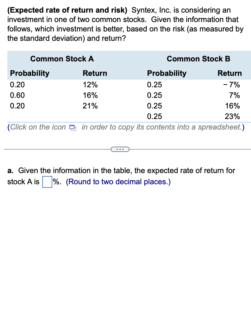 Solved (Expected rate of return and risk) Syntex, Inc. is | Chegg.com