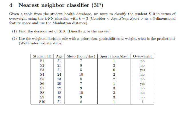 Solved 4 Nearest neighbor classifier (3P) Given a table from | Chegg.com