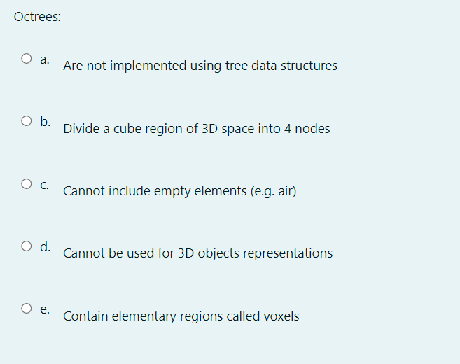 Solved Octrees: O a. Are not implemented using tree data | Chegg.com