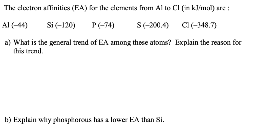 Solved The electron affinities (EA) for the elements from Al | Chegg.com