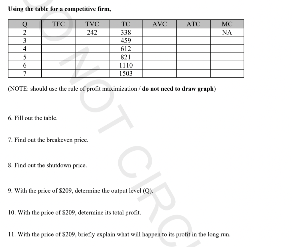 Solved Using the table for a competitive firm, TFC TVC AVC | Chegg.com