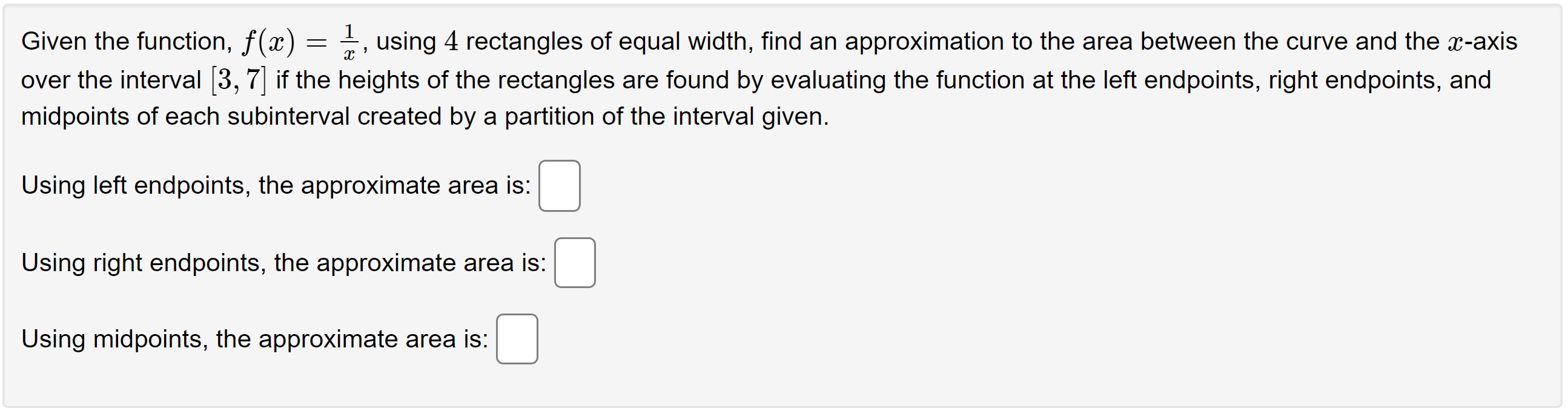 Solved Given the function, f(x)=x1, using 4 rectangles of | Chegg.com