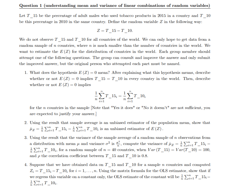 Solved Question 1 (understanding mean and variance of linear | Chegg.com