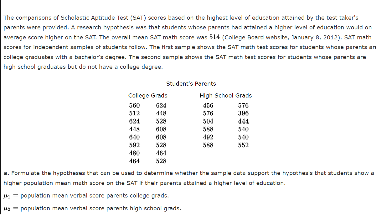 Solved The comparisons of Scholastic Aptitude Test (SAT) | Chegg.com