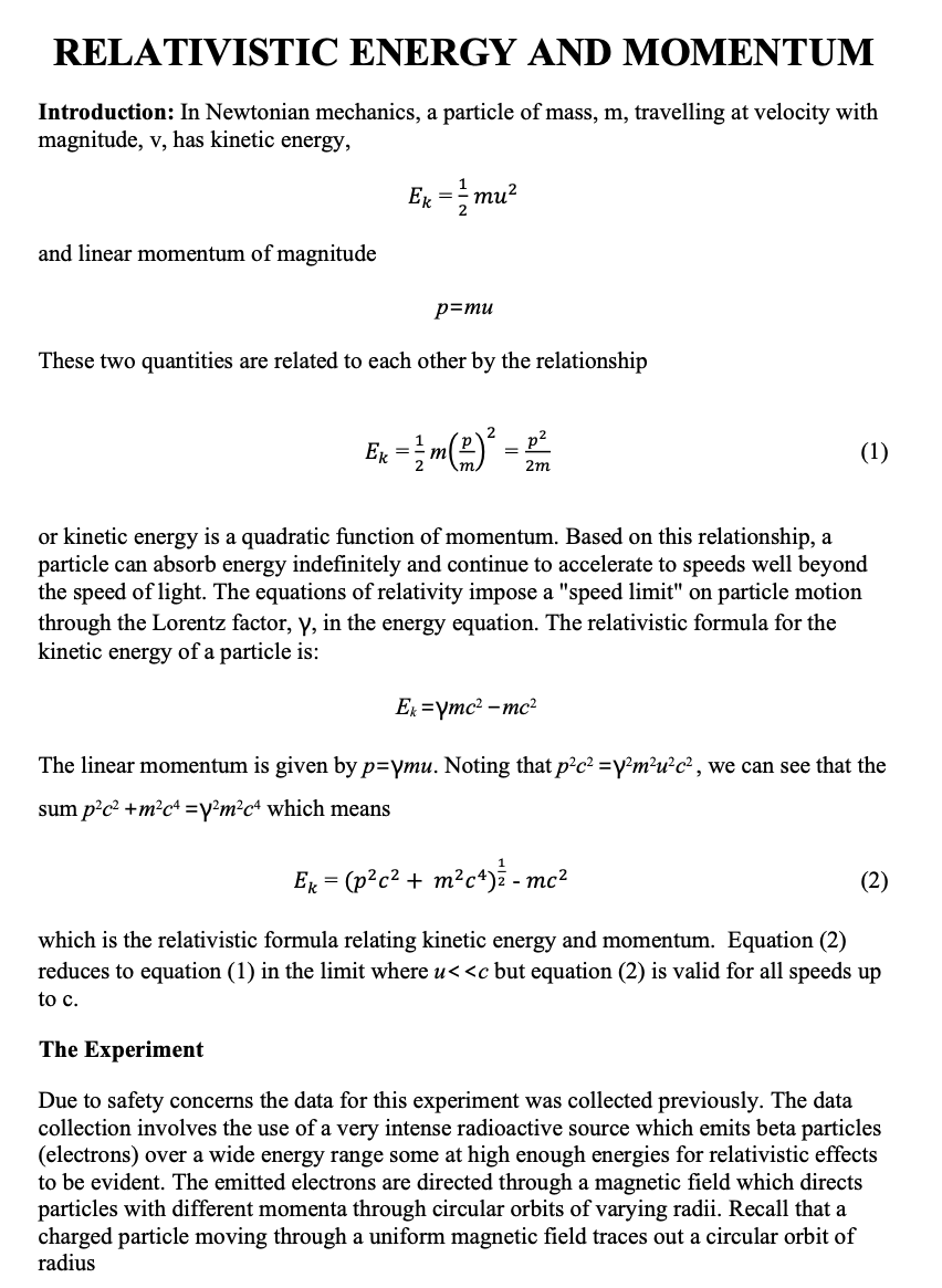 RELATIVISTIC ENERGY AND MOMENTUM Introduction: In | Chegg.com