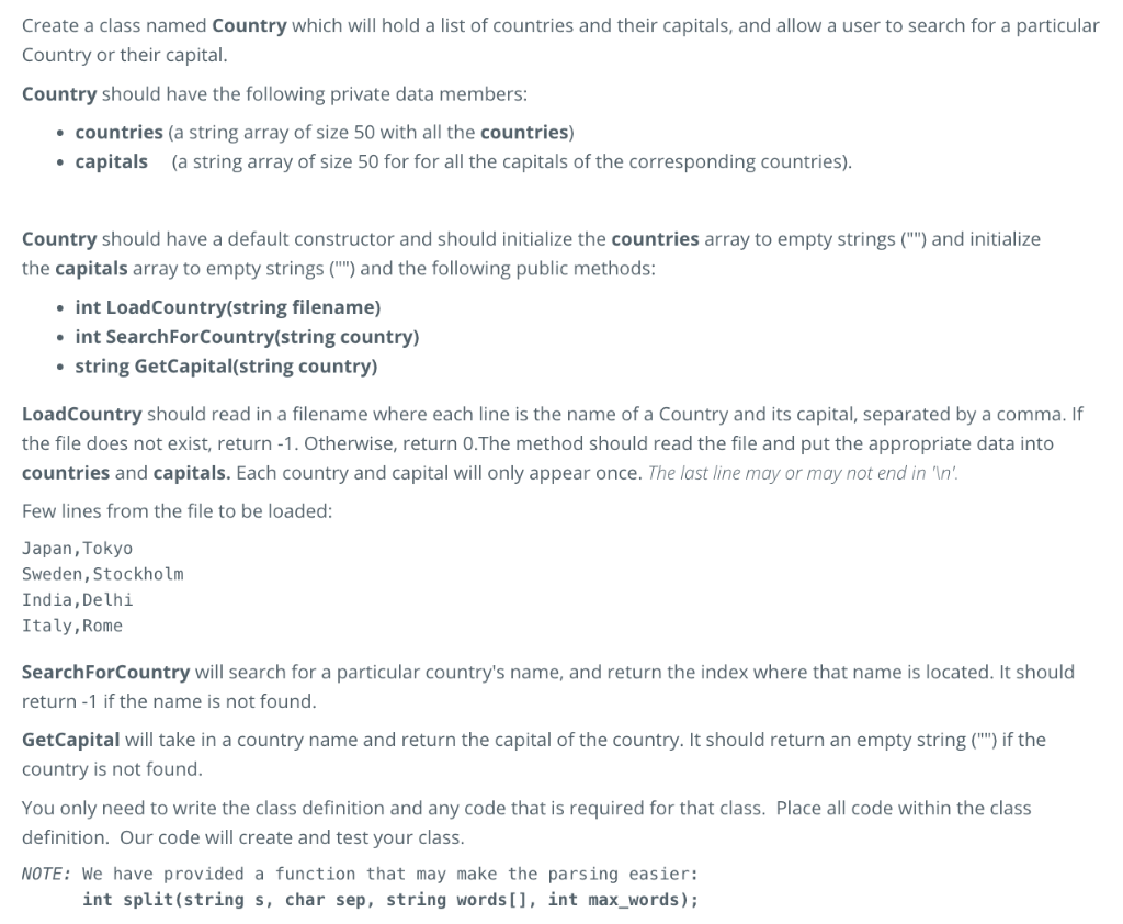 Solved Create a class named Country which will hold a list | Chegg.com