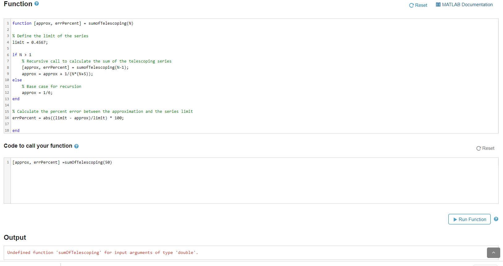 Solved Code to call your function ? 1 [approx, errPercent ]= | Chegg.com