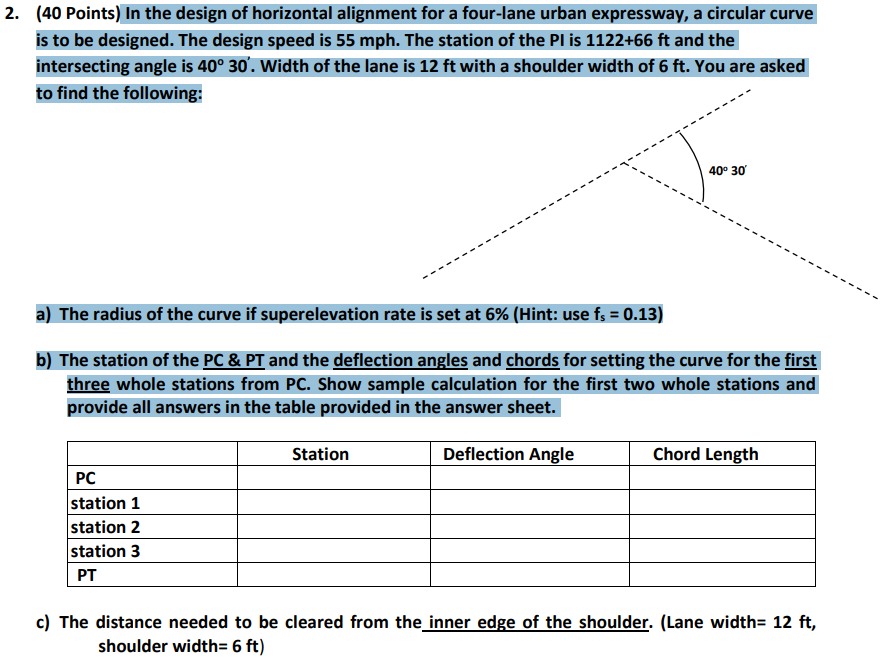 Solved (40 Points) In the design of horizontal alignment for | Chegg.com