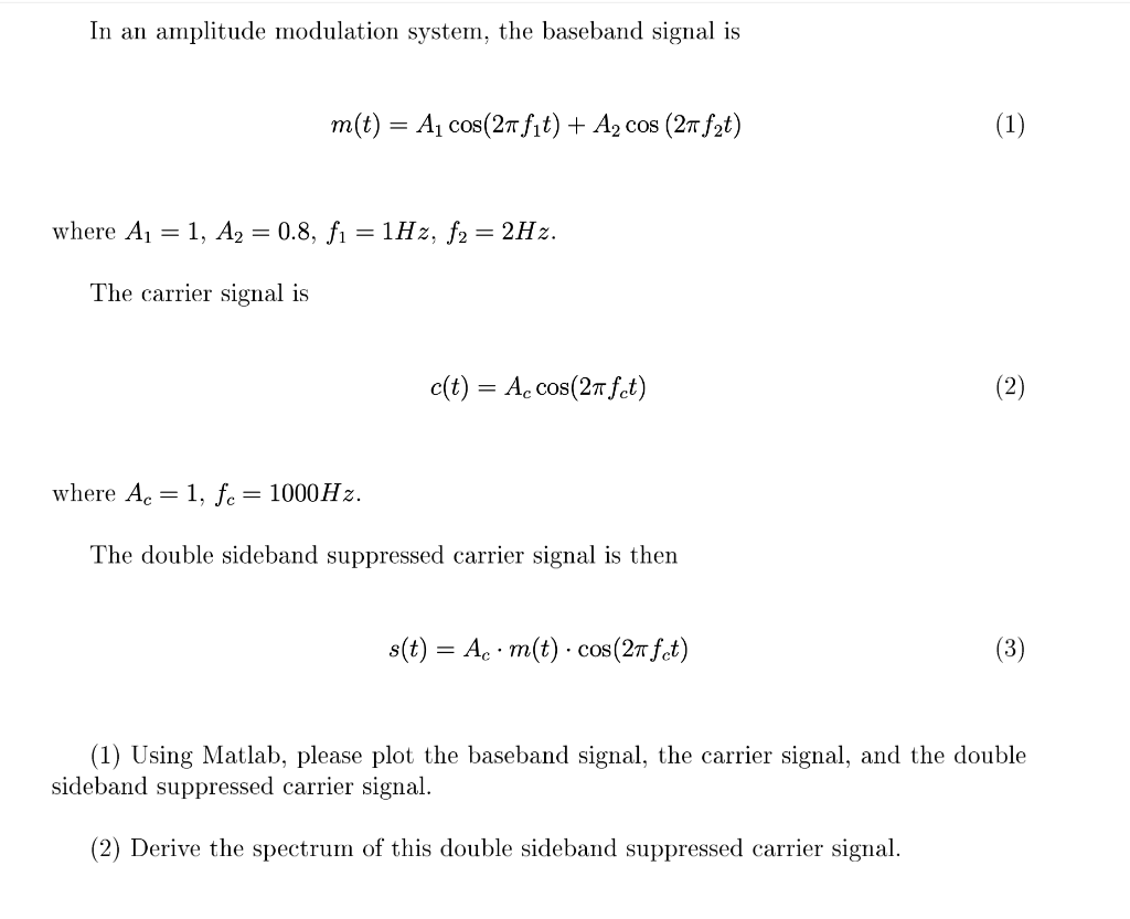 Solved In an amplitude modulation system, the baseband | Chegg.com