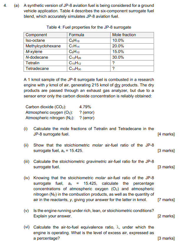 4. (a) A synthetic version of JP-8 aviation fuel is | Chegg.com