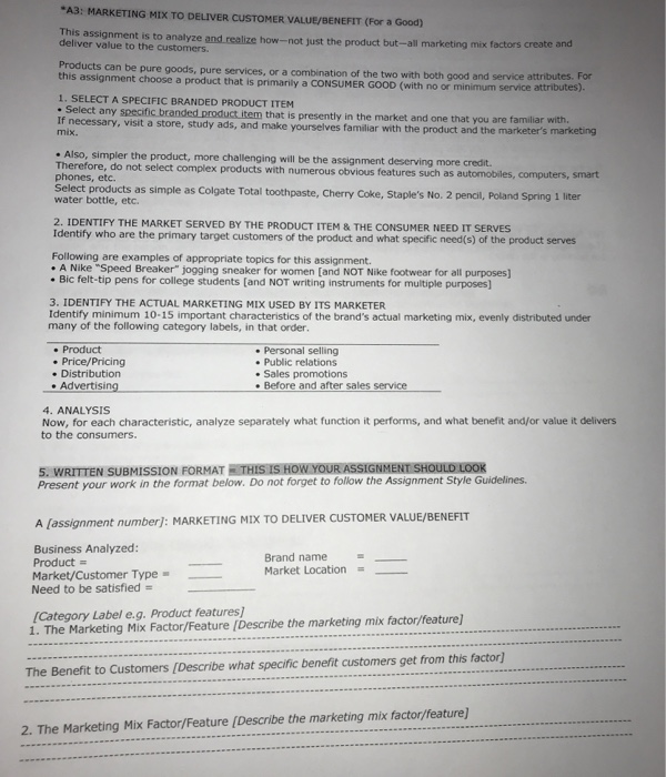 Solved A3: MARKETING MIX TO DELIVER CUSTOMER VALUE/BENEFIT | Chegg.com