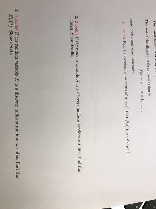 Solved The pmf of the discrete uniform distribution is f(x) | Chegg.com