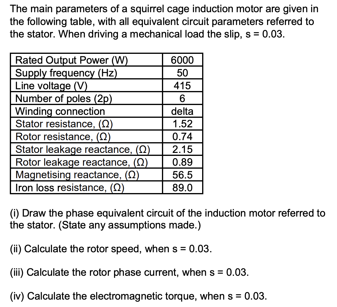 Solved The main parameters of a squirrel cage induction | Chegg.com