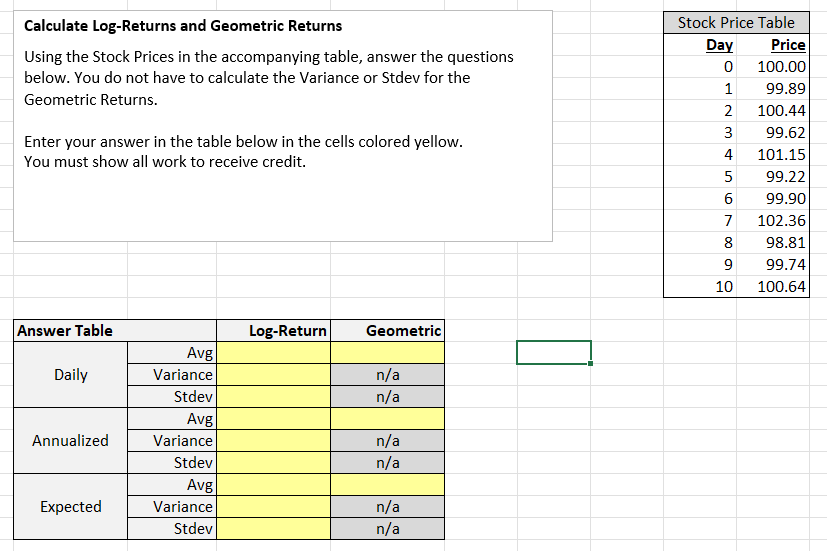 Calculate Log-Returns and Geometric Returns Using the | Chegg.com