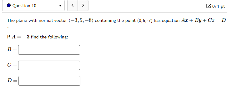 Solved The plane with normal vector −3,5,−8 containing the | Chegg.com