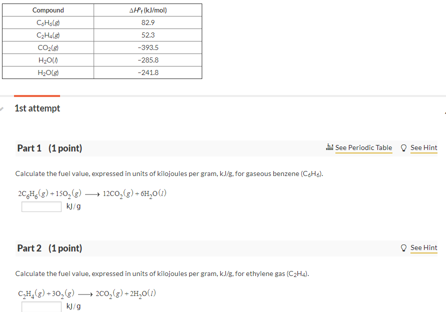 Solved Compound AHf(kJ/mol) 82.9 52.3 -393.5 -285.8 -241.8 | Chegg.com