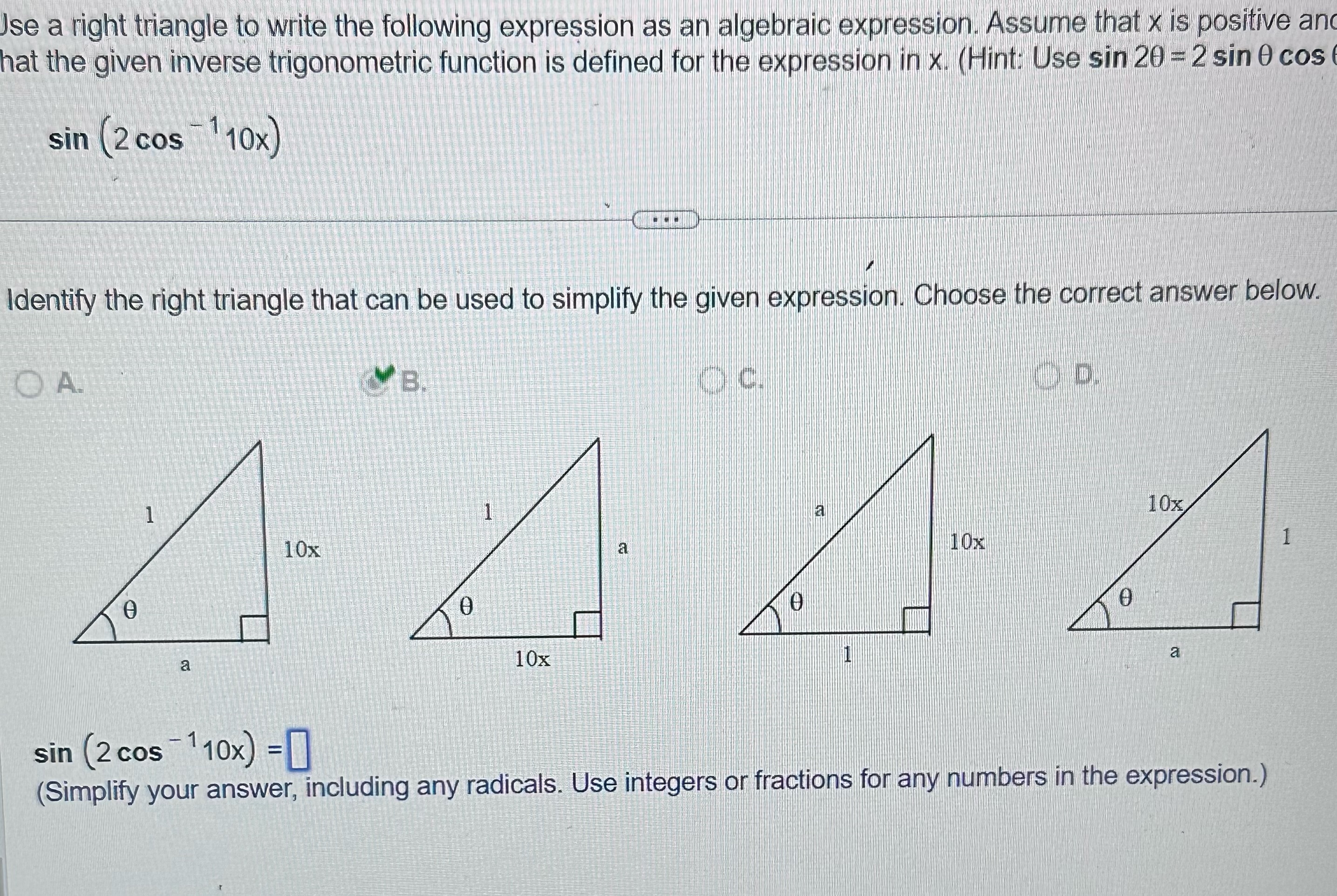 Solved se a right triangle to write the following expression | Chegg.com