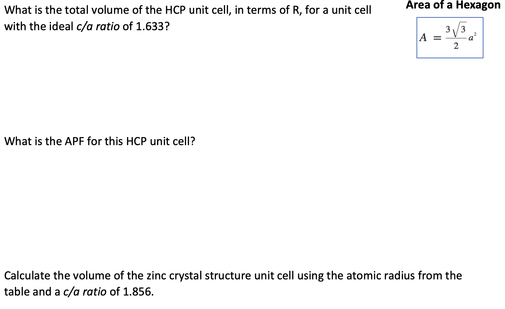 Solved What is the total volume of the HCP unit cell, in | Chegg.com