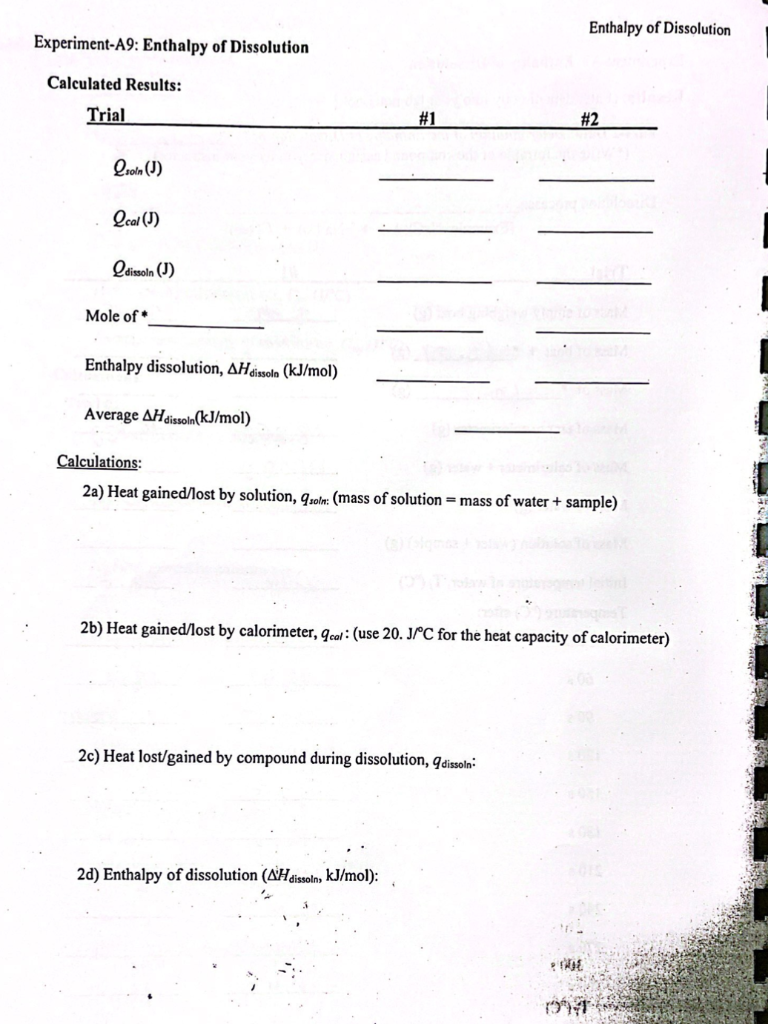 Solved Experiment-A9: Heat Capacity and Enthalpy of | Chegg.com