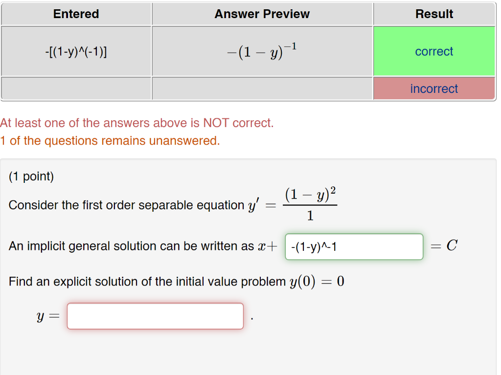 Solved Entered Answer Preview Result -[(1-y)^(-1)] -(1 – | Chegg.com