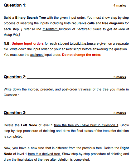 Solved Question 1: 4 marks Build a Binary Search Tree with | Chegg.com